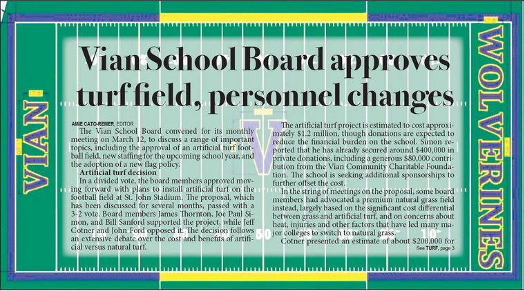 Vian School Board approves turf field, personnel changes - Vian Tenkiller